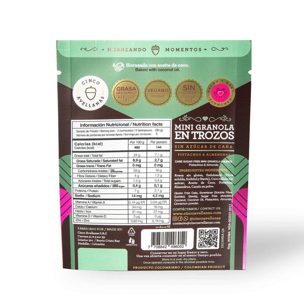 Granola Cero Azúcar Pistachos y Almendras 35 g - Cinco Avellanas